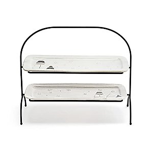 DEMDACO Snow Day Classic White and Black Stoneware and Iron 2-Tier Christmas Serving Tray