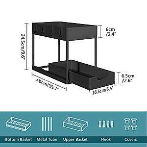 2 Pack Under Sink Organizer and Storage, 2-Tier Sliding Bathroom Organizer with Hook, Multi-Use for Kitchen/Bathroom/Laundry room Organization, Black