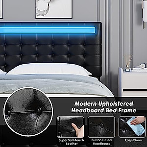 Full Bed Frame with LED Lights Visual-Floating Bed for Modern Space, Upholstered Leather Headboard and Footboard Platform Bed with Spacious Under Bed Storage, Wood Slats Support Easy Assembly, Black