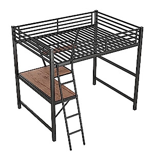 Lifeand Full Size Loft Metal&MDF Bed with Desk and Shelf, Black