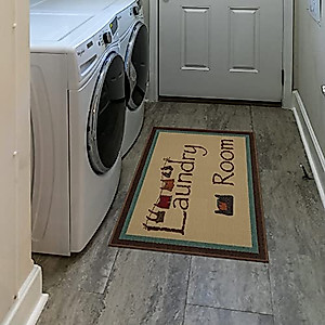 Machine Washable Bordered Laundry Room Rug Non-Slip Rubberback 2x3 Laundry Area Rug for Laundry Room, Bathroom, Washroom, 26" x 35", Beige