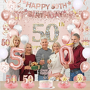 Trgowaul 50th Birthday Decorations for Women,23pcs Rose Gold Happy Birthday Party Supplies,Backdrop, Hanging Swirl Flag,Birthday Balloons,50 Year Old Birthday Set
