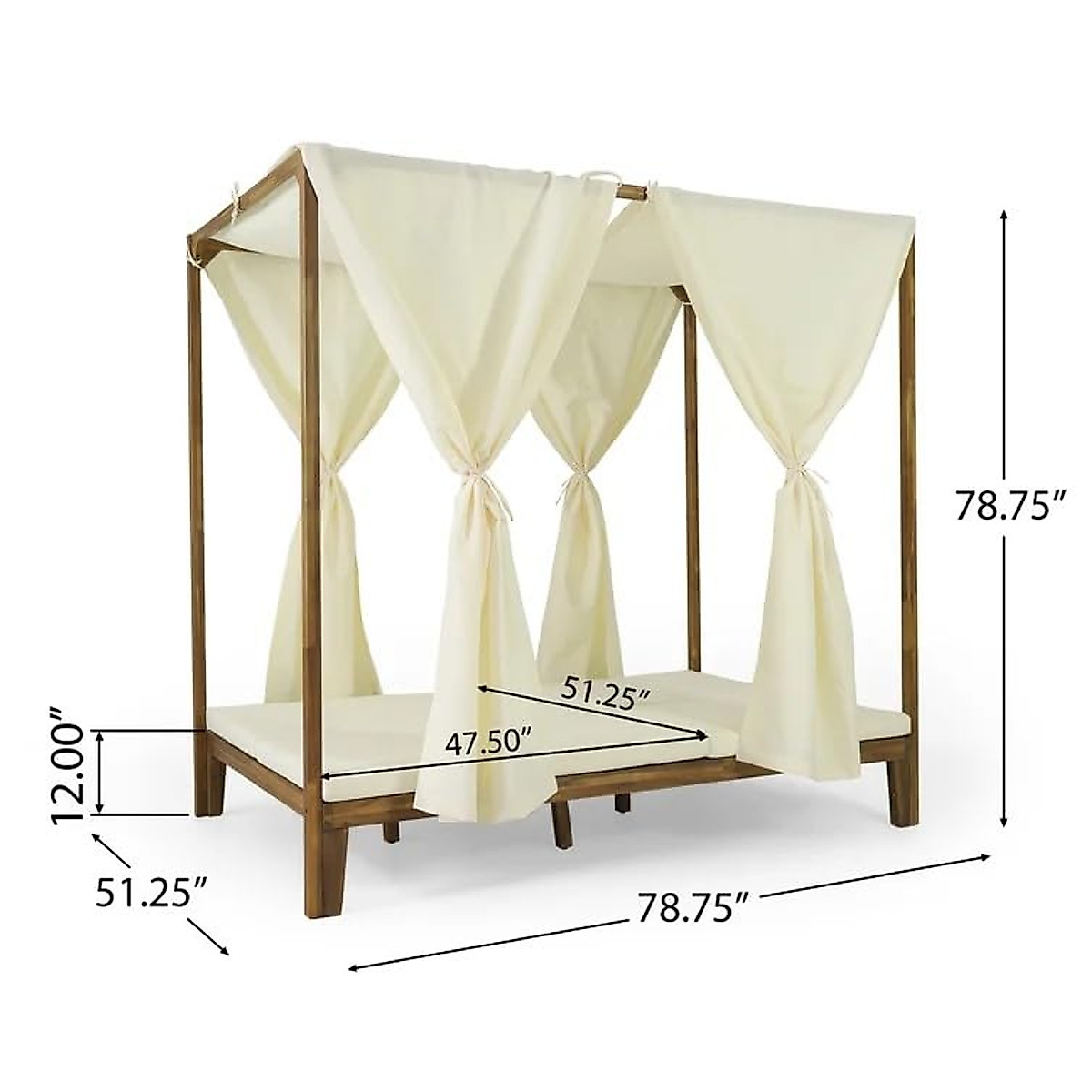 Merax Outdoor Daybed Patio Chaise Lounge,Acacia Wood Sunbed with Adjustable Seats,Overhead Curtains and Thick Cushions for Backyard, Cream