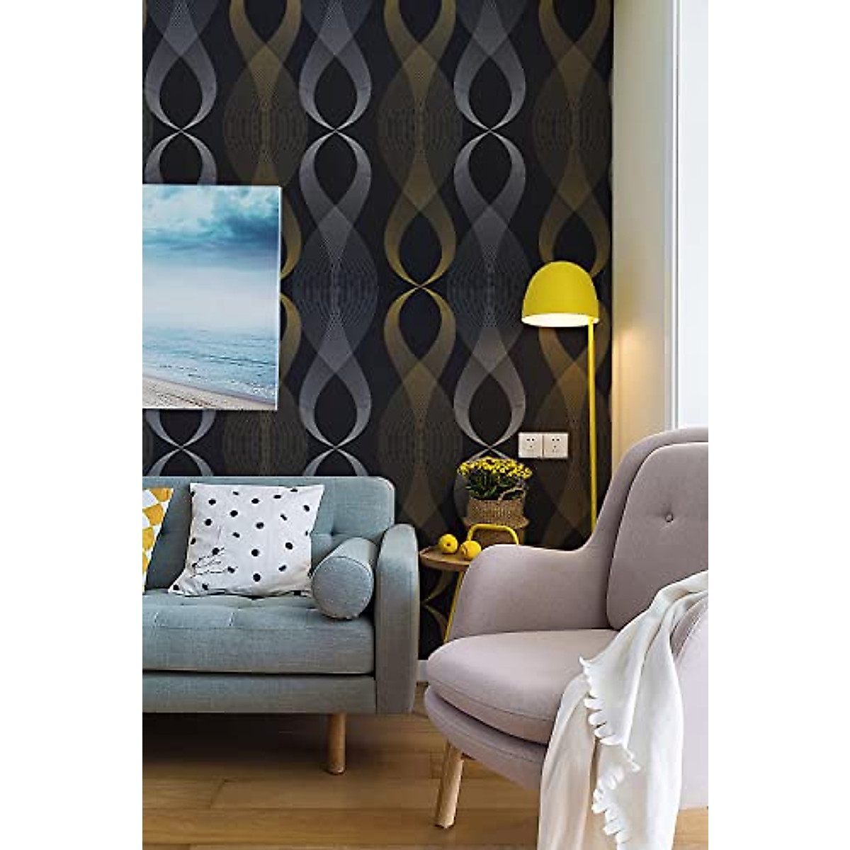 393"x17.7"Peel and Stick Wallpaper Black Fashion Curves Removable Paper Self Adhesive Wallpaper Decorative for Walls Cabinets Vinyl Film
