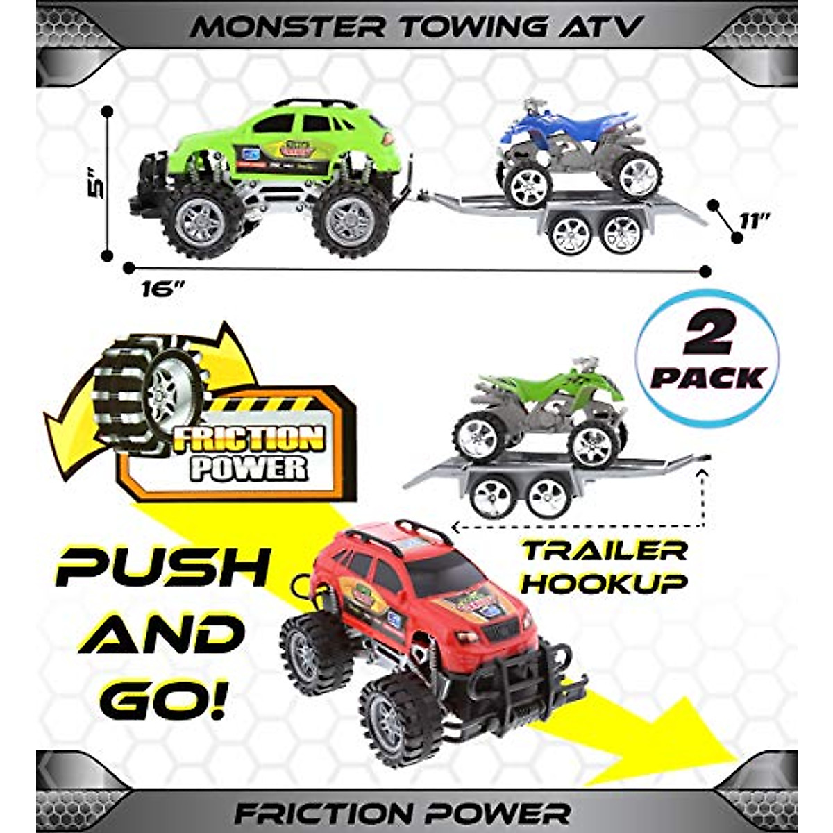Mozlly Friction Powered Monster Trucks Car Toy SUV Towing ATV Toys Set of 2 - Monster Truck with Trailer ATV Toys for Fun Playtime Indoor or Outdoor - 2 Pack