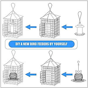 Mealworms Bird Feeders for Bluebirds - Metal - Huge Caged Squirrel-proof Bird Feeders with 2 Cups, DIY Wild Bird Feeders Outdoor Hanging (Blue), Attract Small Birds, 2lbs Seed Capacity+1 Mealworms Cup