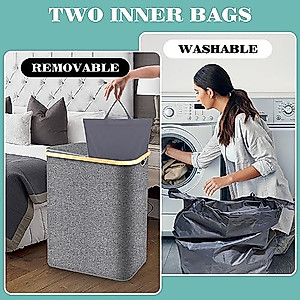 Double Laundry Hamper with Lid, Hampers for Laundry 2 Compartment Divided Laundry Hamper with 2 Removable Bags, Laundry Basket 2 Section Foldable Clothes Basket with Handles,130L