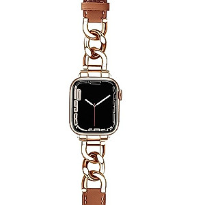 Leather Band Compatible with Apple Watch Band Women 38mm 40mm, Dressy Leather Strap with Cool Chain for iWatch Bands Series 9 8 SE 7 6 5 4 3 2 1 (38, Brown/Rose Gold)