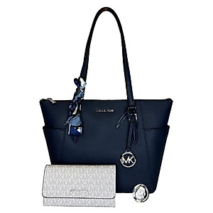 Michael Kors Charlotte Large Zip Tote bundled with matching Trifold Wallet Purse Hook (Navy/Signature MK Bright White)
