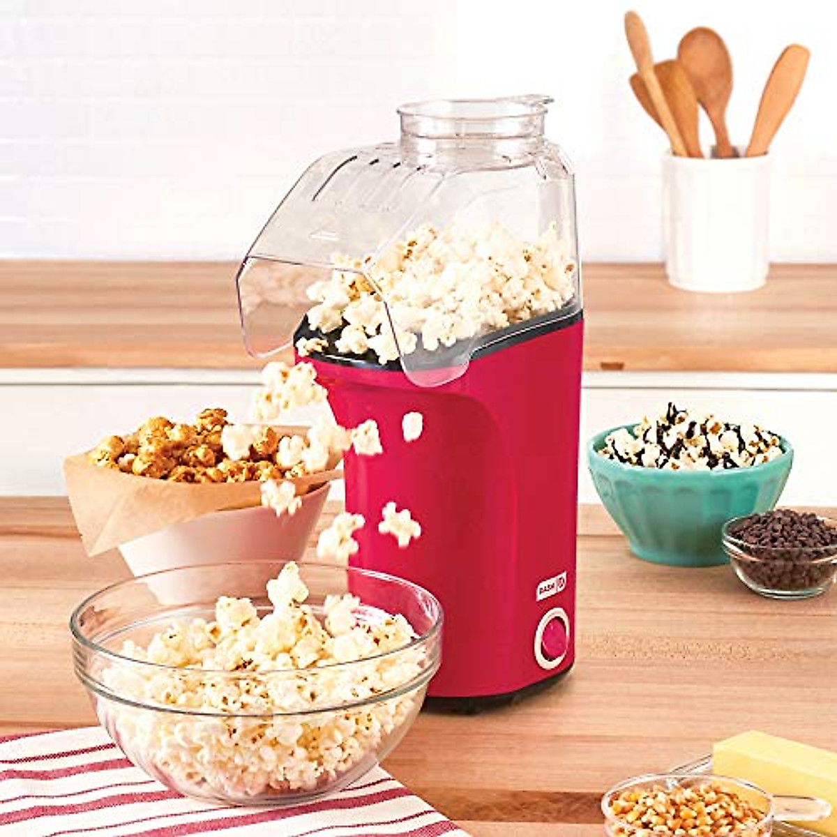 DASH Hot Air Popcorn Popper Maker with Measuring Cup to Portion Popping Corn Kernels + Melt Butter, 16 Cups - Red