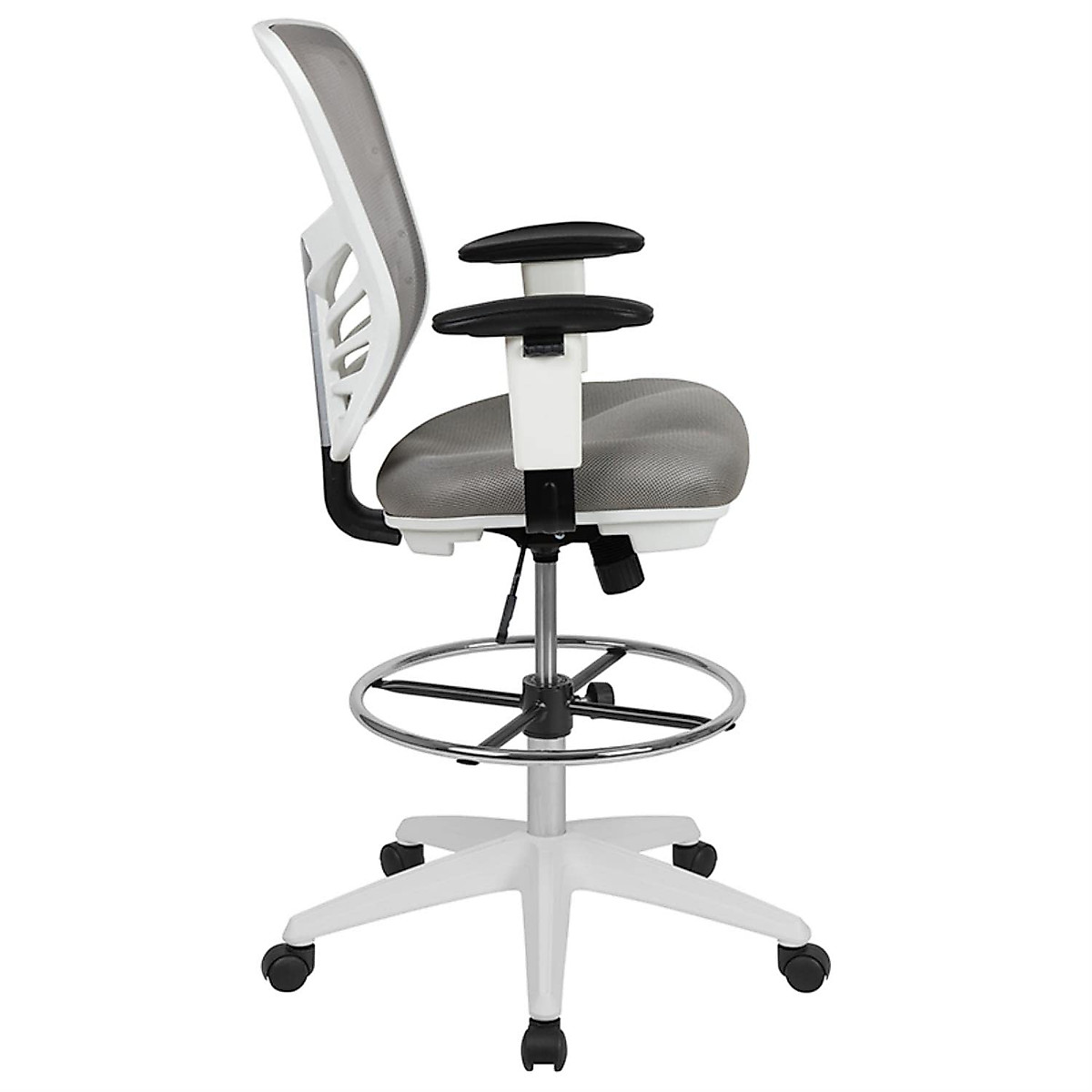 Flash Furniture Tyler Mid-Back Light Gray Mesh Ergonomic Drafting Chair with Adjustable Chrome Foot Ring, Adjustable Arms and White Frame