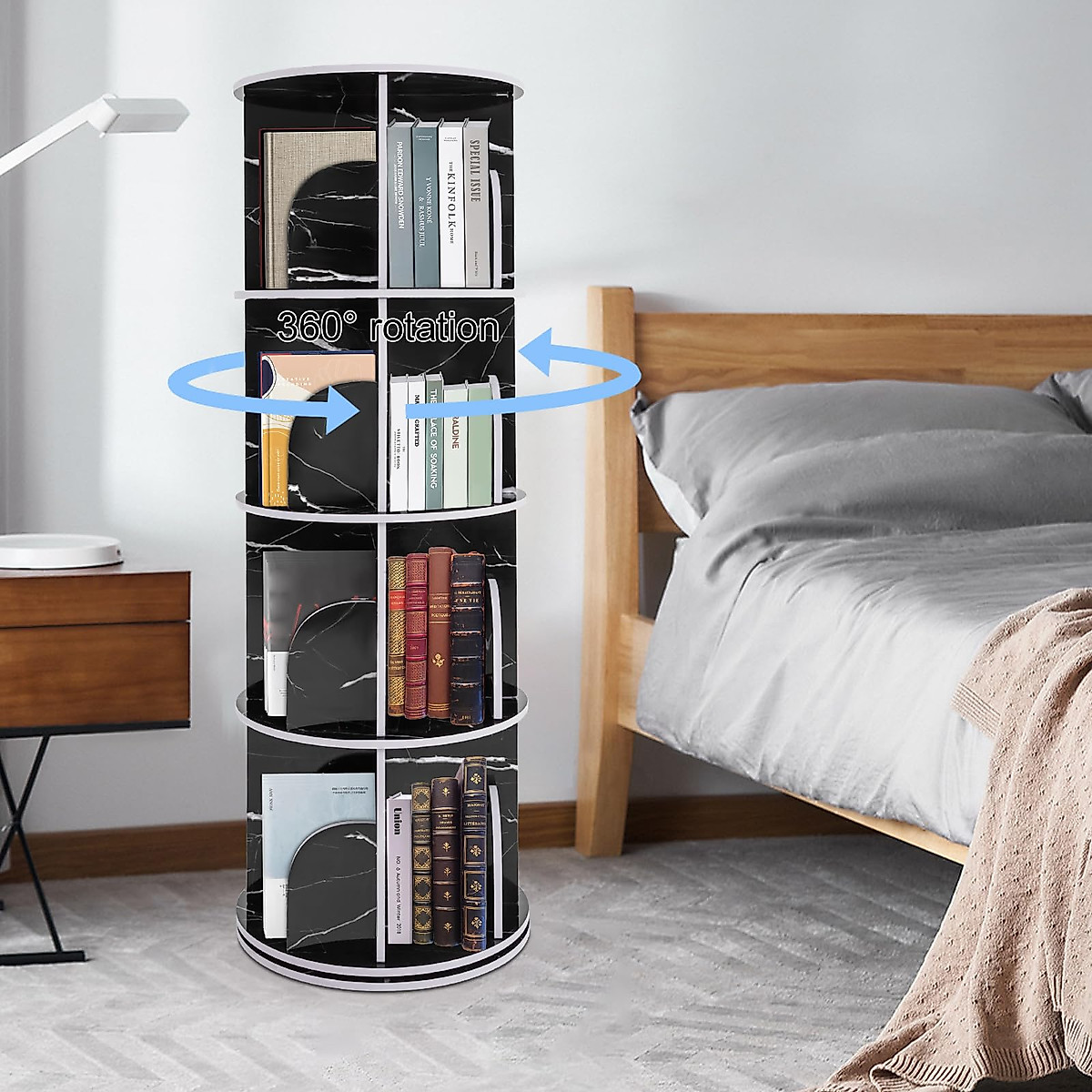 LyeXD 4 Tier Rotating Display Bookshelf,Black Marble Revolving Storage Rack, PVC Floor Standing Corner Book Shelf Spinning Small Bookcase for Entryway Bedroom Living Room