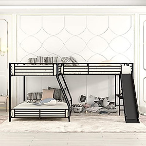 HAUSHECK L-Shaped Triple Bunk Bed with Desk for 3 or 4 Kids, Heavy Duty Metal Bunk Bed Twin Over Full with Slide & 2 Ladders, Space-Saving Loftbed Triple Bed Frame for Teens/Adults