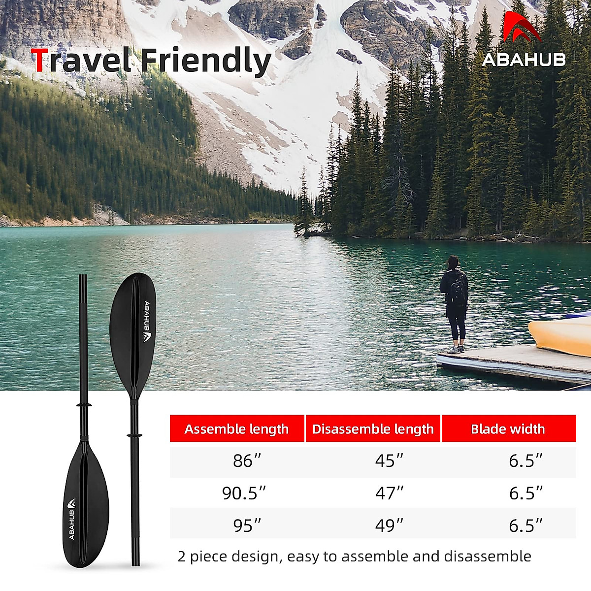 Abahub 1 x Kayak Paddles, 90.5 Inches Kayaking Oars for Boating, Canoeing with Free Paddle Leash, Aluminum Alloy Shaft Black Plastic Blades