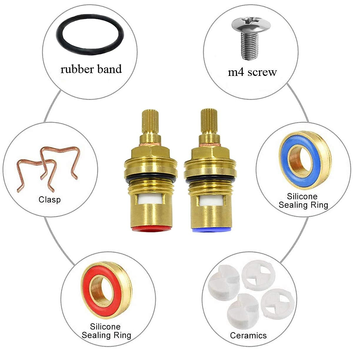 Huashan Replacement Brass Ceramic Disc Stem Cartridge Faucet Valve Quarter Turn 1/2" X 53mm x 12mm spline length 20 teeth(PAIR Hot & Cold)