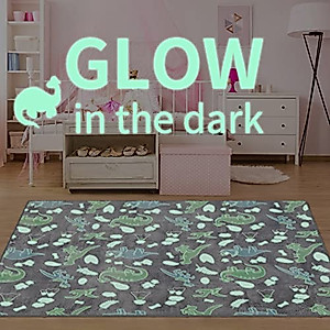 QH Cute Dinosaur & Leaf Pattern Glow in The Dark Area Rug Area Rug for Living Room Bedroom Playing Room Size 5'x6'