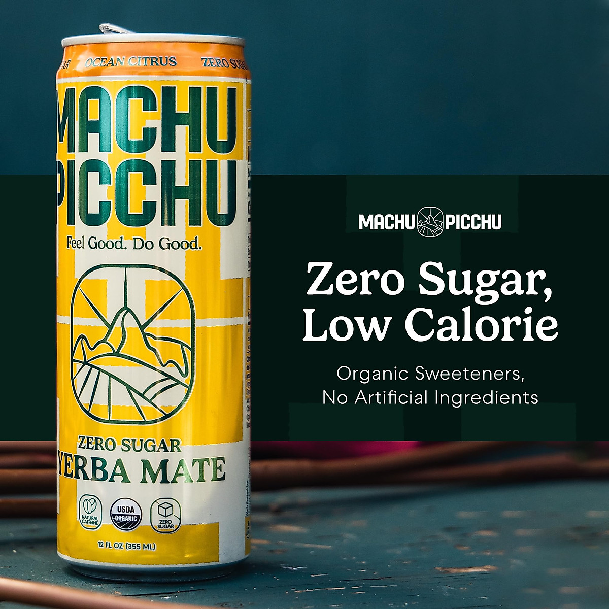 MACHU PICCHU ENERGY, Zero Sugar Yerba Mate, Clean Energy Drink Alternative, 12oz (Pack of 12) - 120mg Organic Green Coffee Bean Caffeine, Low Calorie, USDA Organic, No Artificial Flavors (Ocean Citrus)