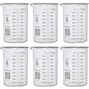 1000ml Beaker, Low Form Griffin, Borosilicate 3.3 Glass, Double Scale, Graduated, Karter Scientific 213D19 (Pack of 6)