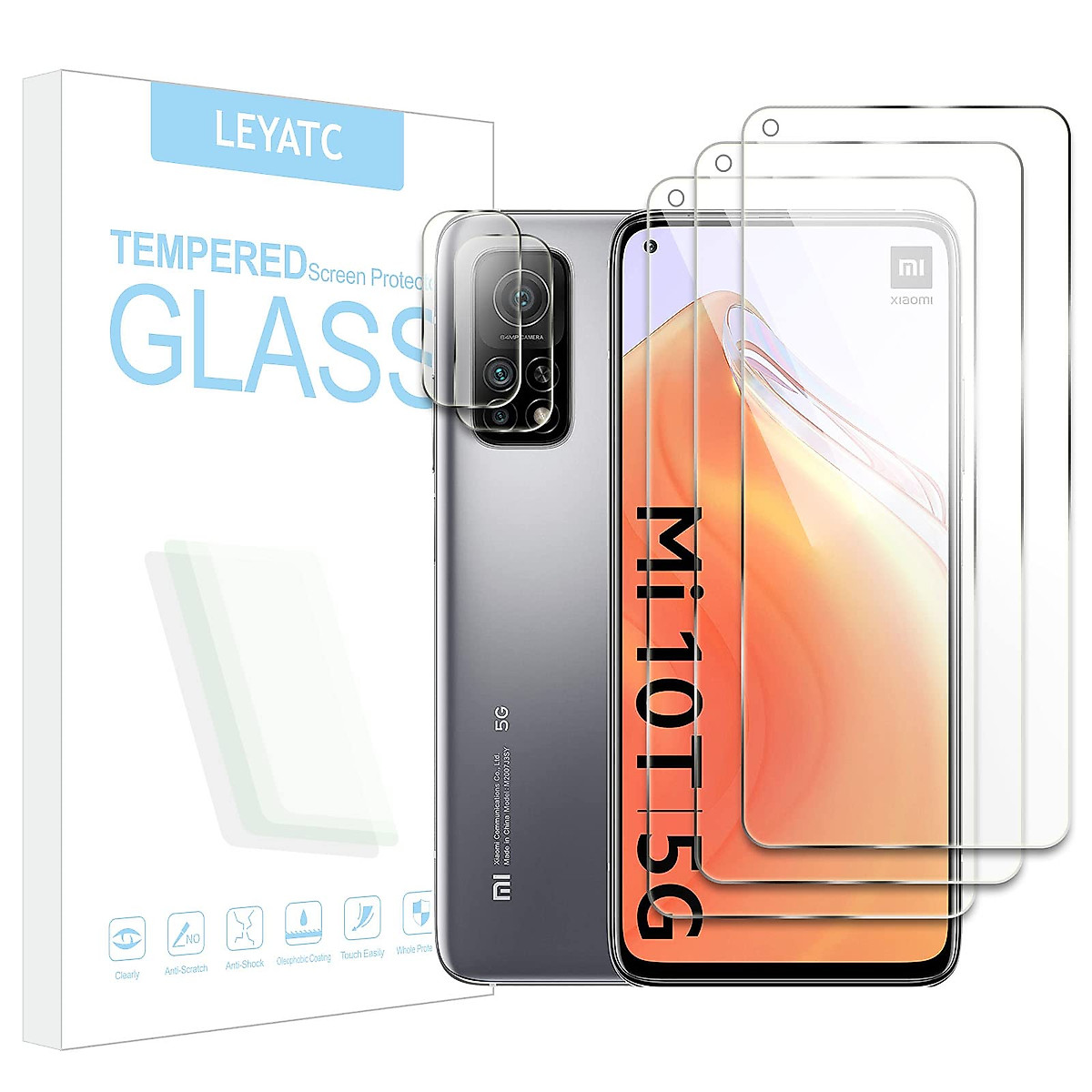 [3+2 Pack] 3 Pack for Xiaomi Mi 10t / Mi 10t Pro HD Clear Tempered Glass Screen Protector +2 Pack Camera Lens Protector, [9H Hardness][Bubble-Free] [Shatter Proof] [Anti-fingerprint [Easy