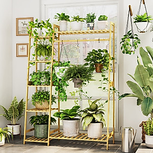 Bamworld Hanging Large Plant Stand Indoor, Bamboo Tall Plant Shelf for Multiple Plants, Ladder Coat Flower Rack for Window Garden Balcony Home Decor Living Room Bedroom