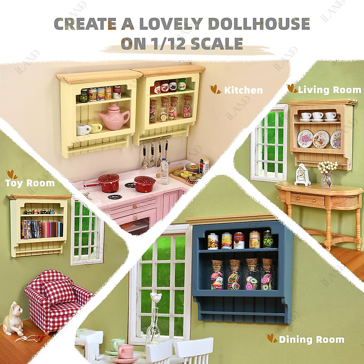 iLAND Wooden Dollhouse Furniture on 1/12 Scale, Miniature Cabinet Varnished 2pcs fit Dollhouse Kitchen, Living Room, Dining Room or Bathroom