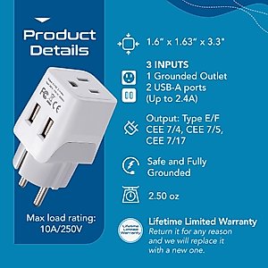 Ceptics Europe Travel Adapter Plug Set Schuko - with 2 USB + USA Socket Input - Type E/F and Type C - Ultra Compact - Safe Grounded Perfect for Cell Phones, Laptops, Camera Chargers (CTU-9-9C-PK)