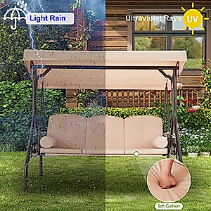 GYUTEI 3-Seat Outdoor Patio Swing Chair,Porch Swing Chair with Adjustable Backrest and Canopy,Outdoor Porch Swing Glider Chair,w/Cushions,Pillows and Cup Holders for Porch,Backyard(Khaki)