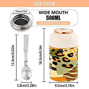 CUPADA Tropical Leaves Food Jar for Hot and Cold, Leopard Skin Insulated Food Jars Vacuum 17OZ with Folding Spoon for Work Trip Picnic Camping