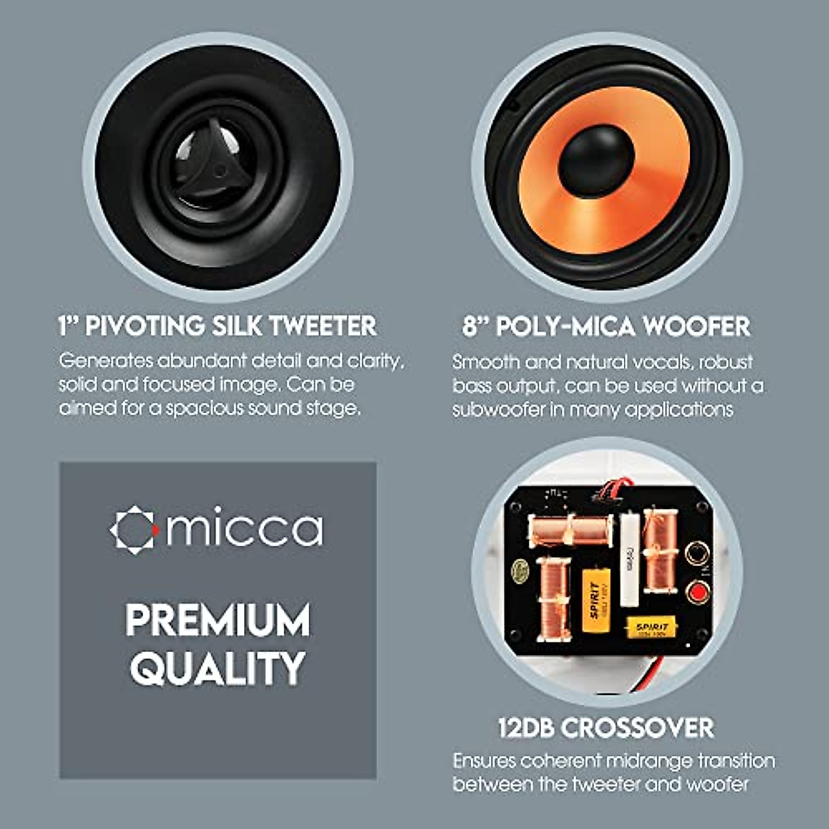 Micca M-8S 8 Inch 2-Way in-Wall Speaker for Home Theater, Whole House Audio, Indoor or Covered Outdoor Areas, 8" Poly Woofer, 1" Pivoting Silk Tweeter, White, Paintable, Each