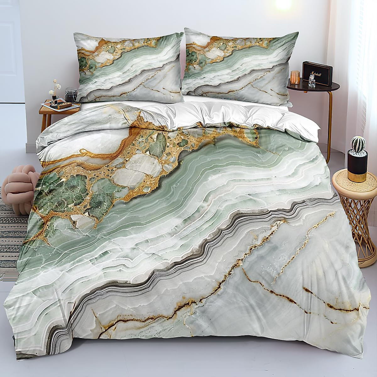 CCoutueChen Sage Green Marble Duvet Cover Queen Size Gold Foil Print Comforter Bedding Set Green White Marble Duvet Covers Set Modern Abstract Comforter Cover with 2 Pillowcases（Girls Women Adult）