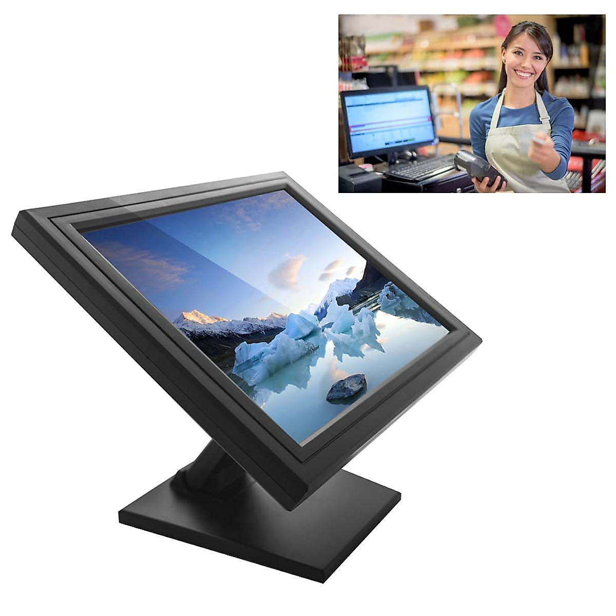 17'' LCD Touchscreen Monitor, 1280x1024 LCD TFT Screen USB VGA for POS System Gaming External Monitor with Multi-Position POS Stand for Office, Retail, Restaurant, Bar, Gym, Warehouse