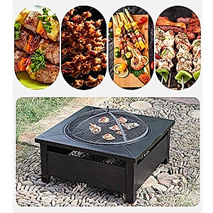LEAYAN Garden Fire Pit Portable Grill Barbecue Rack Outdoor Fire Pit Metal Square Firepit Patio Stove Wood Burning BBQ Grill Fire Pit Bowl with Spark Screen Cover, Log Grate for Camping Backyard