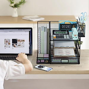 Desk Organizer, File Organizer for Desk with Vertical File Folder Holders, 4-Tier Paper Letter Tray with Sliding Drawer and Pen Holder, Desk Accessories & Workspace Organizers for Office School Home