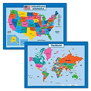 World Map and USA Map for Kids - 2 Poster Set - LAMINATED - Wall Chart Poster of the United States and the World (18 x 24)