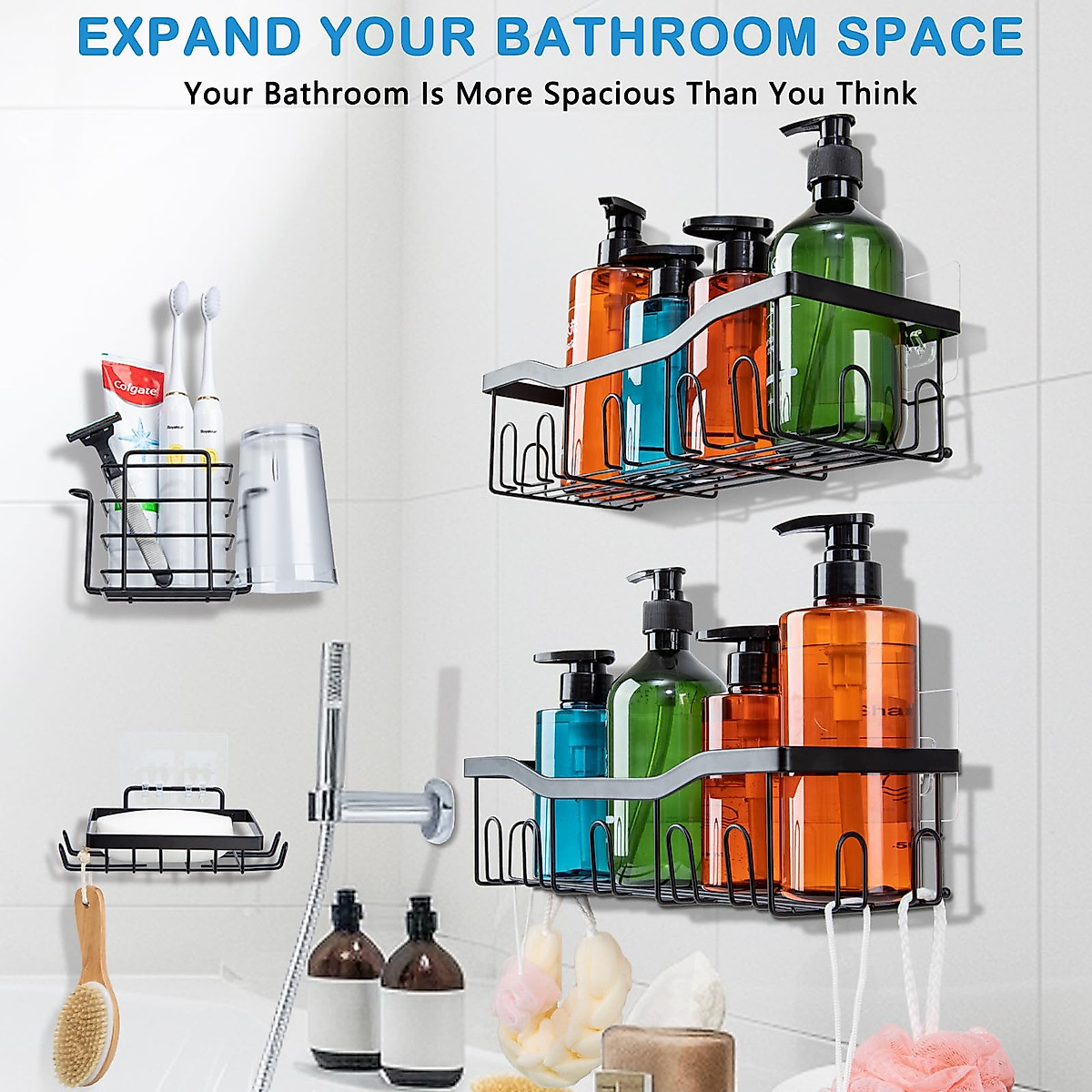 ChicChicHomes Shower Caddy 4 Pack, No Drilling Adhesive Wall Mounted Shower Organizer for Bathroom Storage&Kitchen, Large Capacity Rustproof Stainless Steel Shower Shelf, Ruggedized, Black