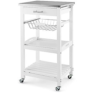 IFANNY Kitchen Island Cart, White Rolling Cart with Stainless Steel Table Top, Drawer, Metal Baskets & Wooden Tray, Wood Storage Cart on Wheels, Modern Serving Cart for Restaurant, Hotel