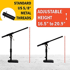 Stage Rocker Adjustable Low-profile Microphone Stand - Snare/Tom Bottom/Bass (Kick) Drum/Table Top, Adjustable Height, 15.75“ Telescoping Boom Arm, Clip-on cable holder, Powered by Hamilton (SR610111)