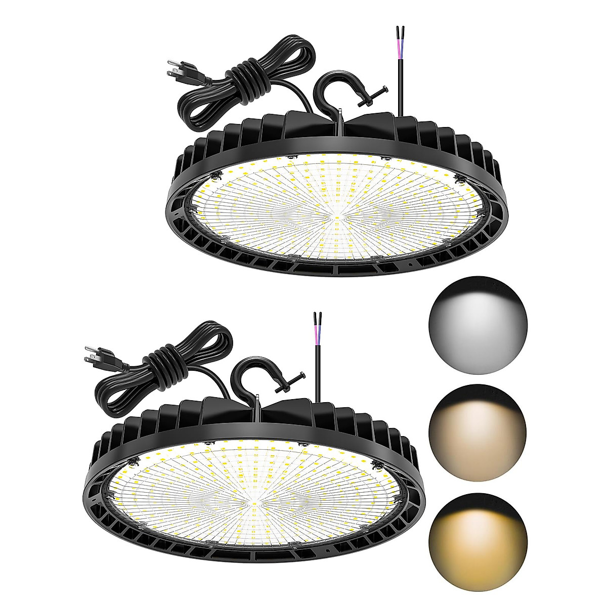 KUKUPPO 2 Pack 240W LED High Bay Light UL&DLC Listed, 36,000lm 240W/190W/140W, 3000K/4000K/5000K Adjustable LED UFO High Bay Shop Light Warehouse Light, 0-10V Dimmable, AC100-277V with Plug, Black