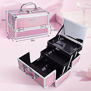 FRENESSA Makeup Train Case Cosmetic Case Organizer Portable Makeup Box 2 Trays with Lockable Mirror Makeup Storage Organizer for Girls Makeup Artist Makeup Tools Travel Makeup Case Glitter Pink
