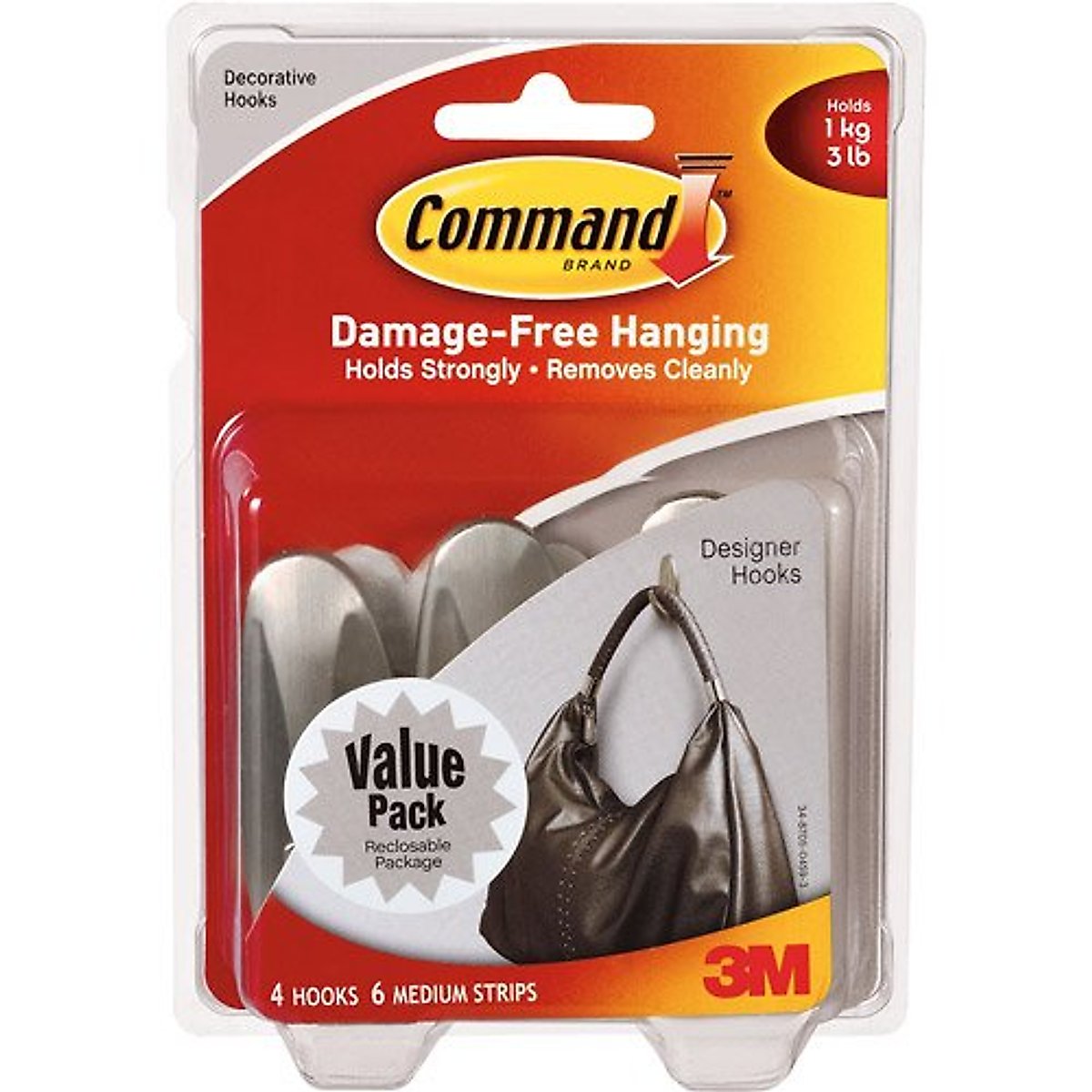 Command 3 lb Capacity Hooks, Indoor Use, 4 hooks, 6 strips