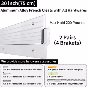 2-Pairs Heavy Duty 30-inch Aluminum French Cleat Hanger, Z Bar Clips Mount for Mirror and Picture, 200-Pound Max Load Secure Wall Mounting Interlocking Brackets Z-Hangers, Hardware Include