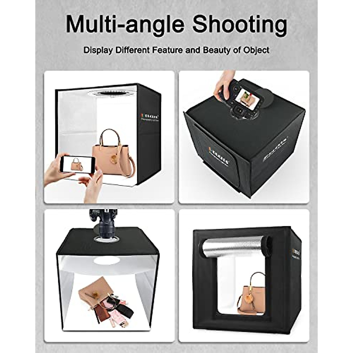DUCLUS Light Box Photography, 16x16 inch Portable Photo Studio Box with 160 LED Dimmable Lights, 6 PVC & 2 Paper Backdrops for Product Photography.