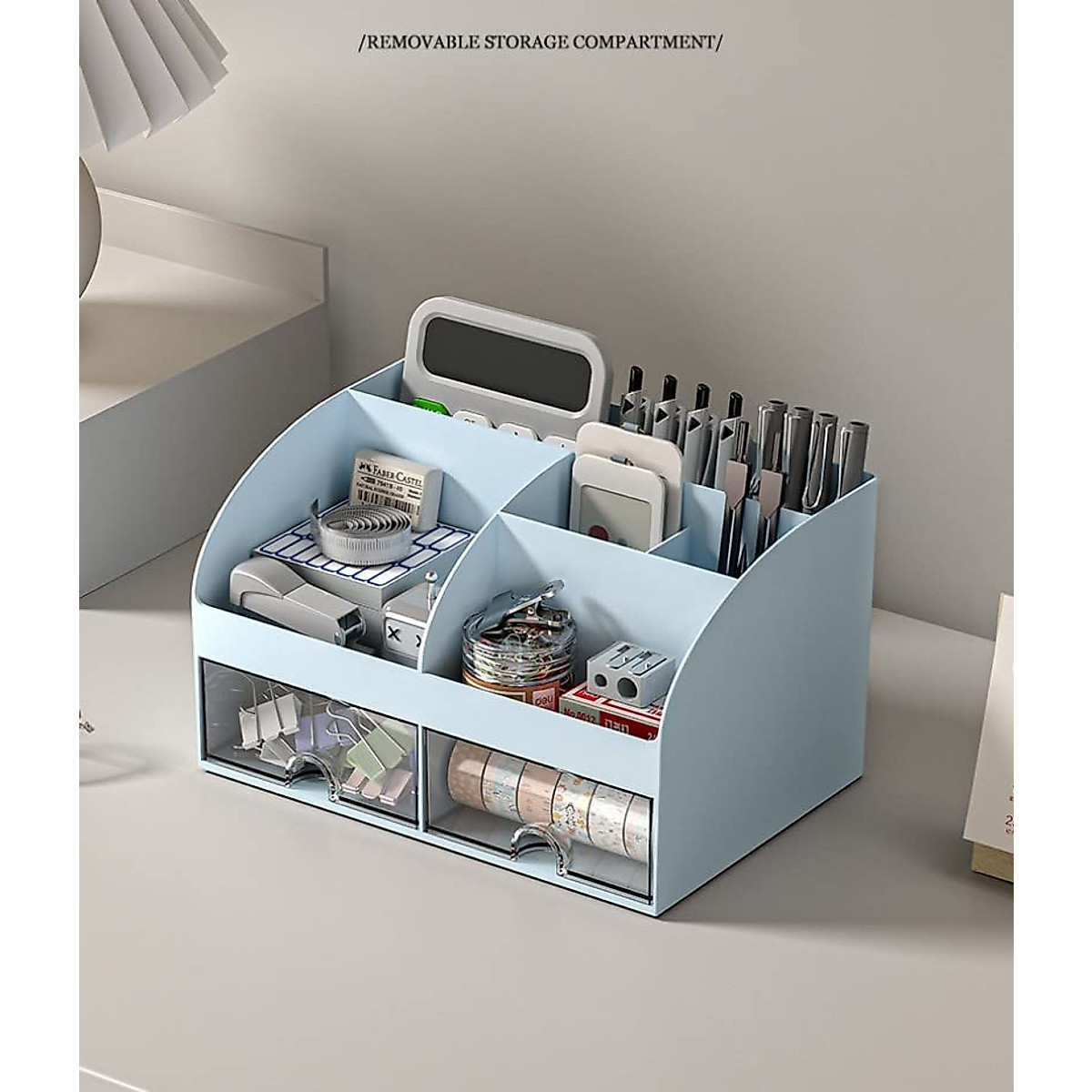 Office Desktop Organizer Box With Different Grids Sorting Storage Box Orderly And Tidy Stationery Organizer Box For Books Paper Clips Pens Office Supplies (Blue)