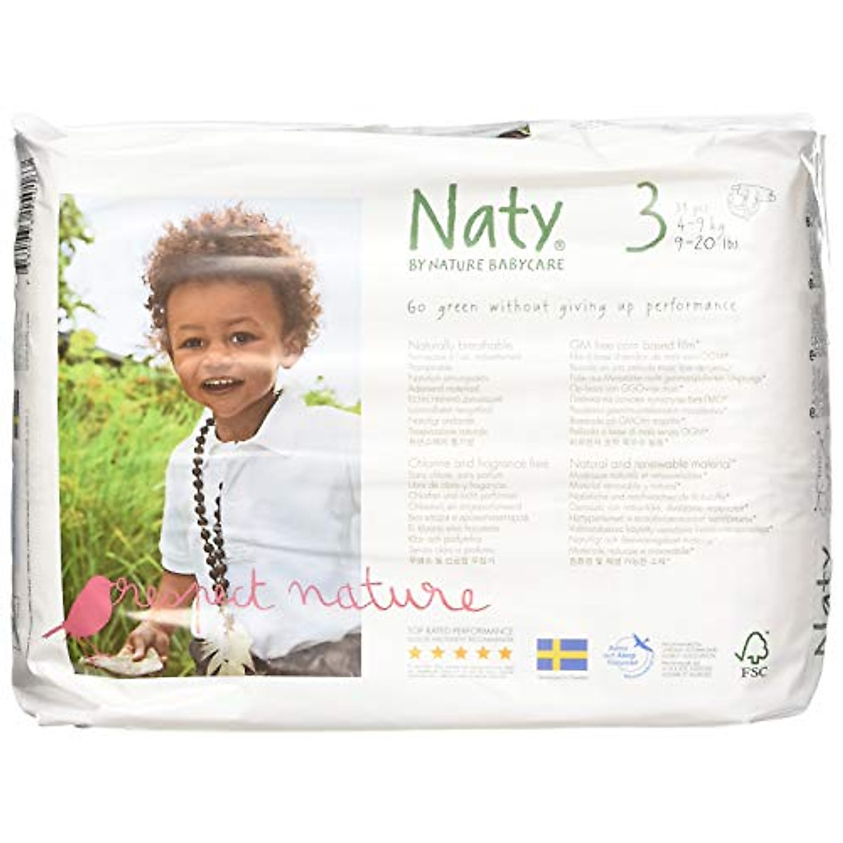 Naty by Nature Babycare Eco-Friendly Premium Disposable Diapers for Sensitive Skin, Size 3, 4 packs of 31 (124 Count) (Chemical, chlorine, perfume free)