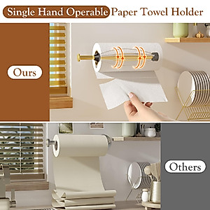 Paper Towel Holder Under Cabinet with 2 Hooks, Paper Towel Holder Wall Mount with Damping Effect, Self-Adhesive or Drilled Paper Roll Holders for Kitchen, Bathroom, RV(Gold)
