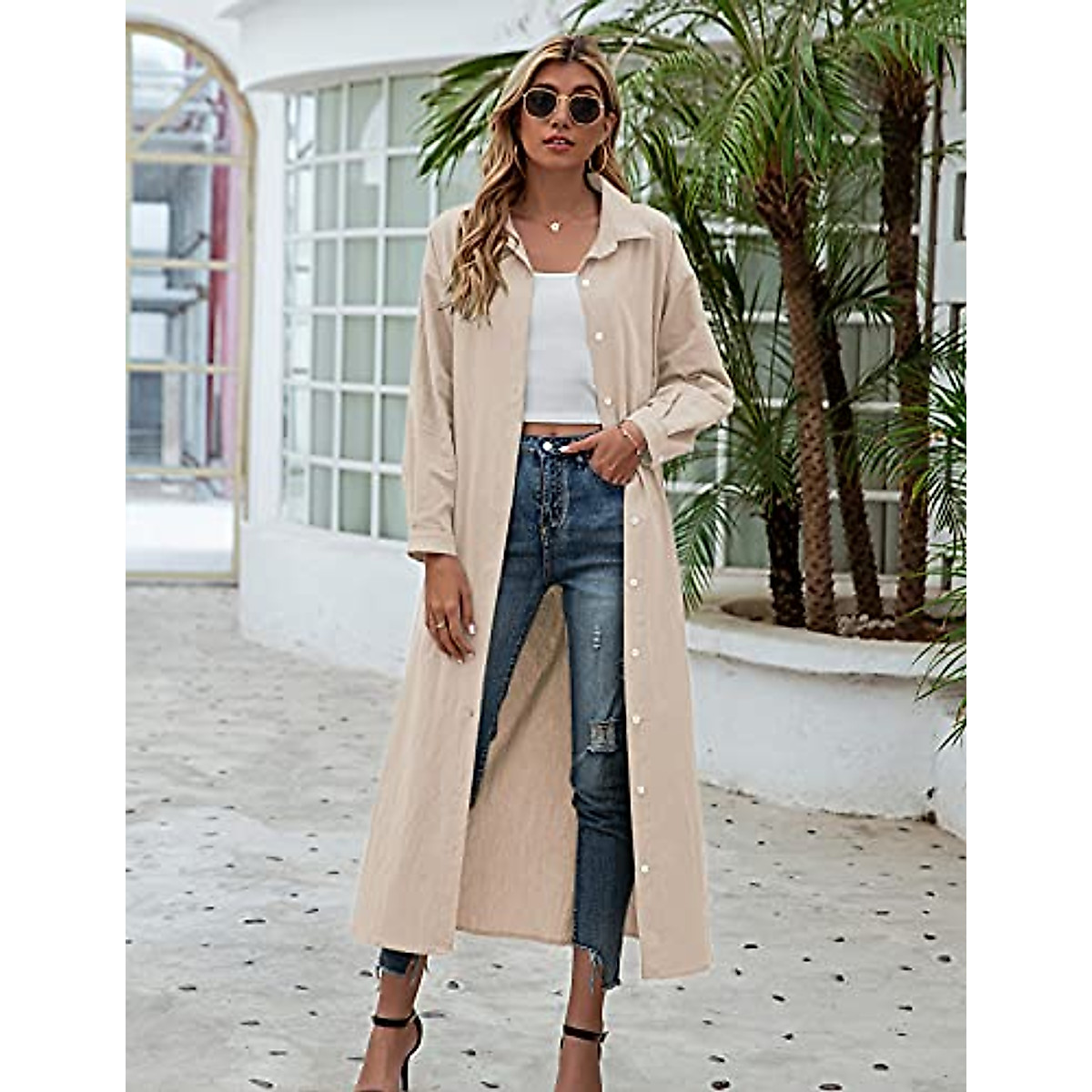 Sopliagon Women Cotton and Linen Shirt Dress Casual Loose Maxi Dresses Apricot XL