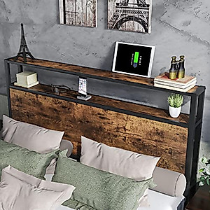 Catrimown Queen Bed Frame with Storage Headboard Platform Bed Frame Queen Size with 2 Tier Headboard Industrial Wood Queen Bed Frames No Box Spring Needed Noise Free, Rustic Brown (Queen)