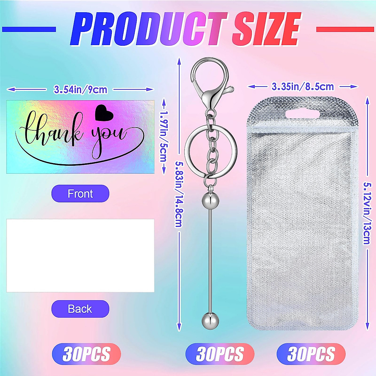 Sasylvia 30 Sets Beadable Keychain Kits Beaded Keychain Bars Resealable Pouch Bag Thank You Cards for DIY Crafts Jewelry Making