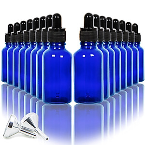 Youngever 16 Pack 1 Ounce Glass Dropper Bottles for Essential Oil, 2 Stainless Steel Mini Funnels (Blue)