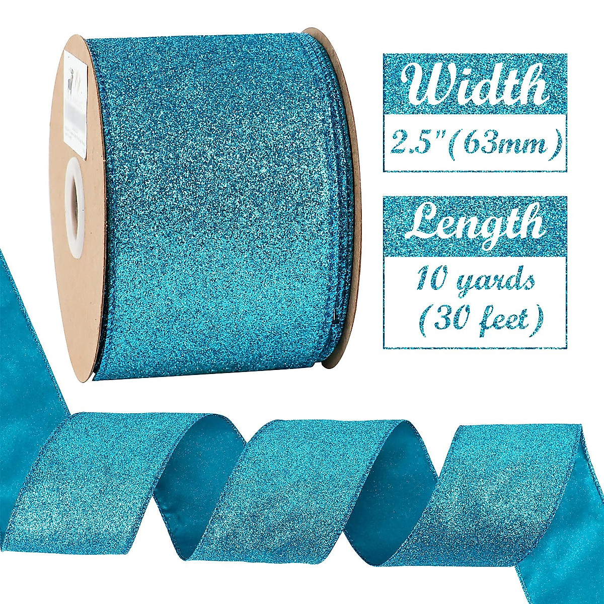 HUIHUANG Turquoise Christmas Ribbon 2-1/2" Sparkle Metallic Glitter Wired Ribbon for Tree, Bows Making, Wreath Supplies, Gift Wrapping, Garland, Home Decor, Crafts -10 Yards
